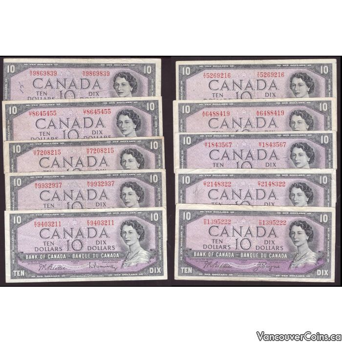 10x 1954 Canada $10 banknotes BC-40a & BC-40b 10-notes circulated ...