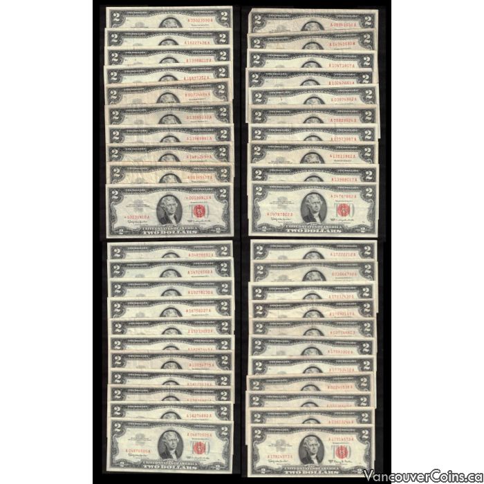 42 x 1963 USA $2 RED SEAL banknotes 42-notes circulated and/or damaged ...