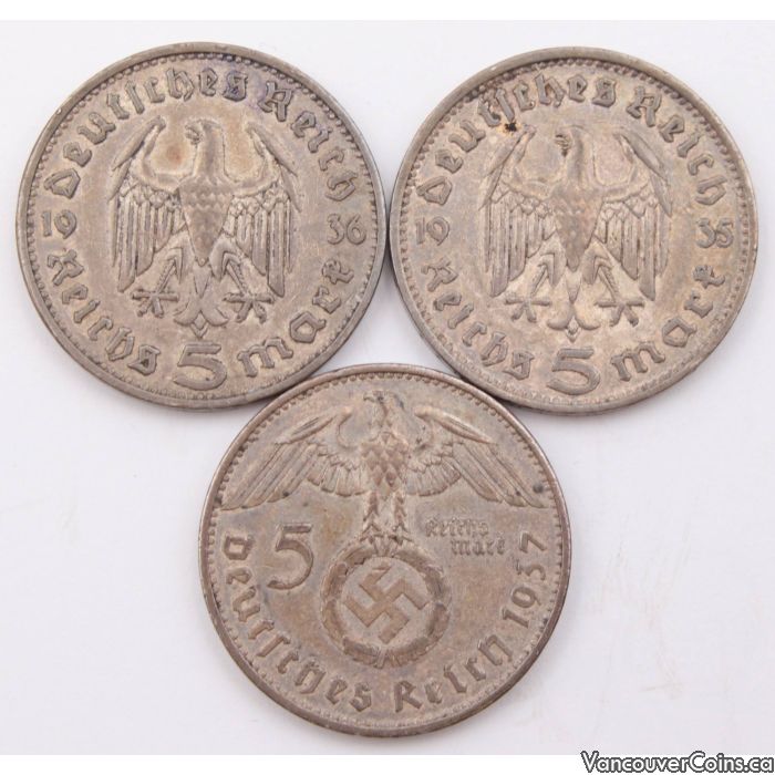 3x Germany 5 Mark silver coins 1935F 1936A 1937A 3-coins - Professional ...