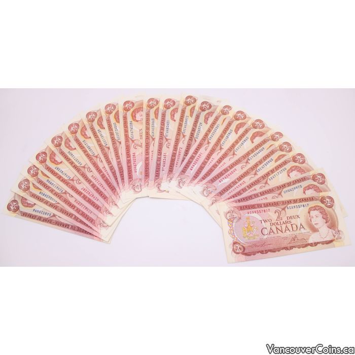 30x 1974 Canada $2 banknotes 30-notes $60. face value AU to UNC ...