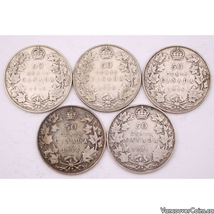 5x 1916 Canada 50 cents 5-coins G-VG one has rim nicks - Professional ...