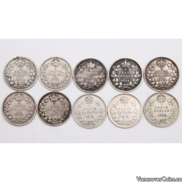 Canada 5 cents silver coins complete date set 1911 to 1920 10-coins VG ...