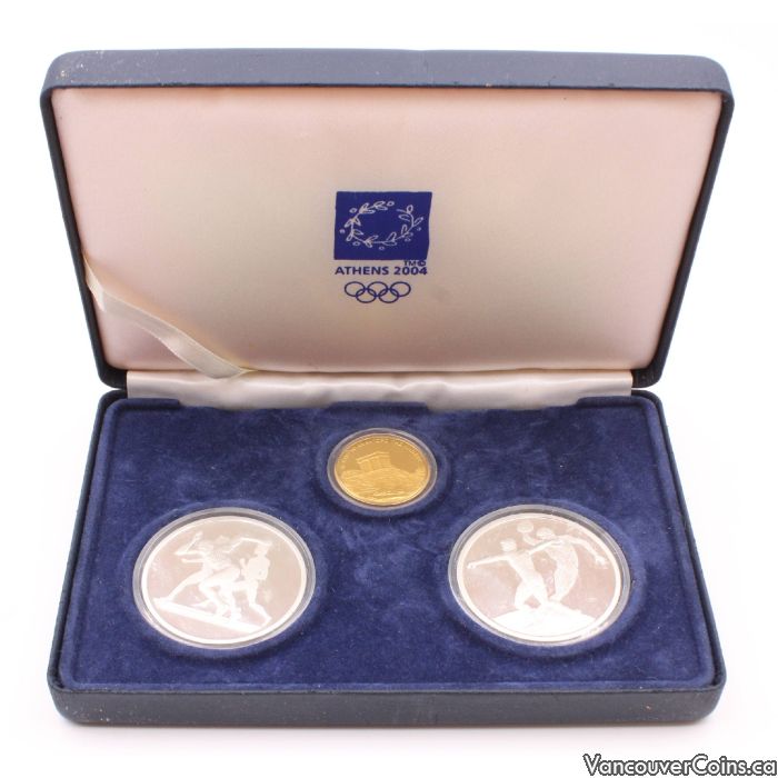 2004 Athens Olympics 3 coin Gold and Silver Proof set with box no ...