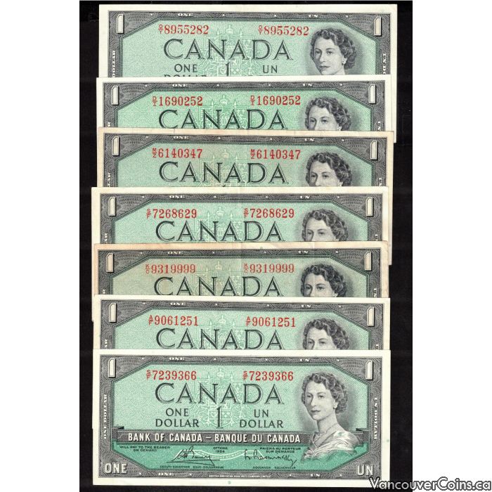 7 x 1954 Canada $1 banknotes 7 notes grading from EF to Choice AU+ ...