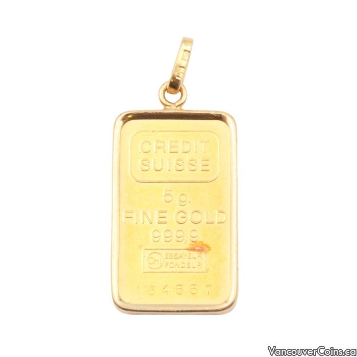 5 Gram Credit Swiss .999 Fine Gold Bullion Bar 18k Bezel Pendant 5.92 ...