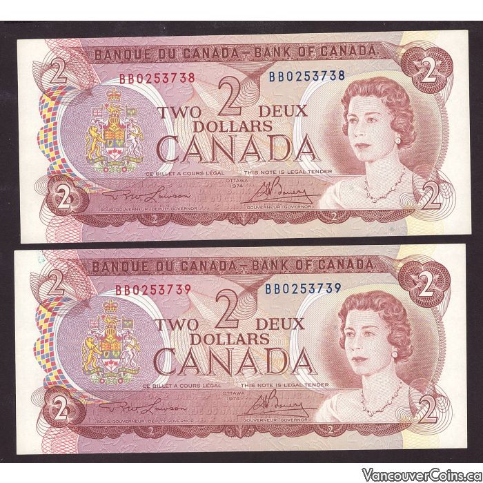 2X 1974 Canada $2 banknotes Lawson Bouey BB0253738-39 Gem UNC ...