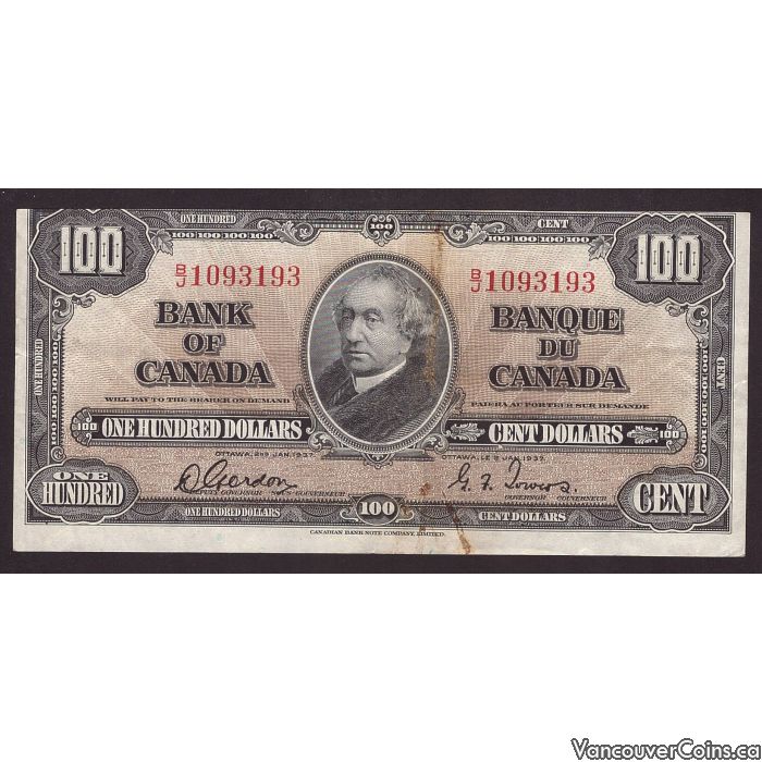 1937 Canada $100 banknote Gordon Towers B/J1093193 VF obverse stain ...
