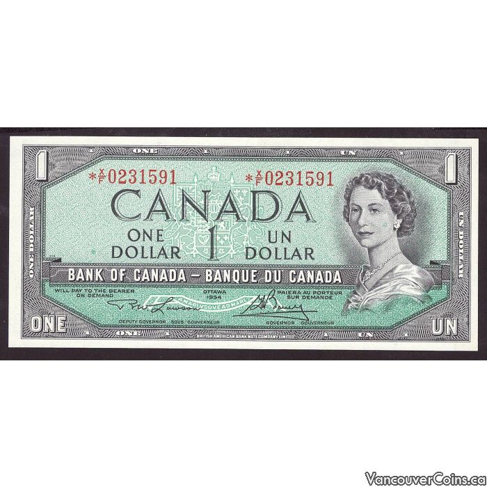 1954 Canada $1 dollar replacement note Lawson Bouey *X/F0231591 Choice ...