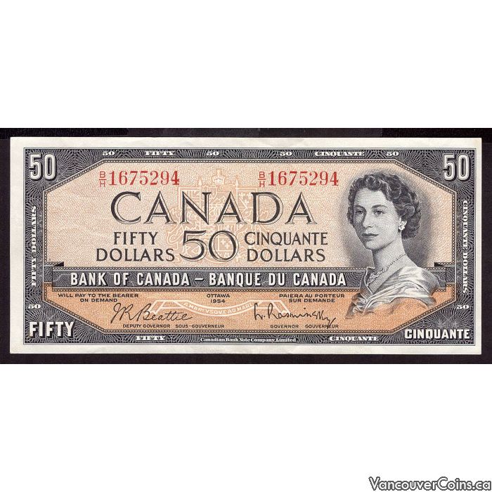 1954 Canada $50 banknote Beattie Rasminsky B/H1675294 nice EF+ ...