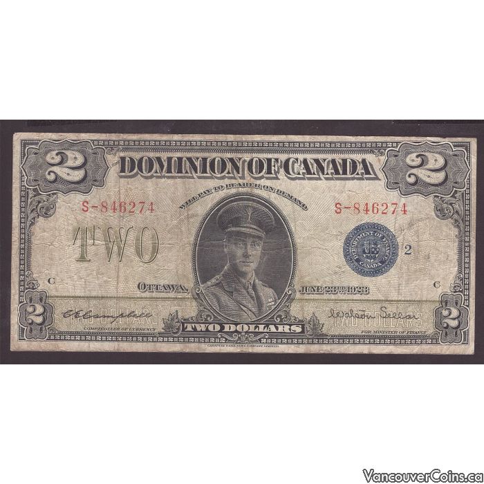 1923 Canada $2 banknote Campbell Sellar Blue Seal S-846274 DC-26i F/VF ...