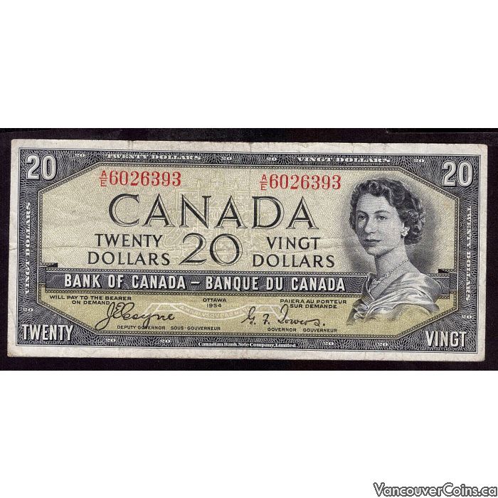 1954 Canada $20 devils face banknote Coyne Towers A/E 6026393 FINE ...