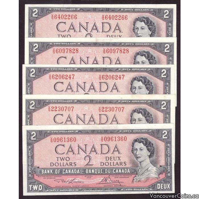 5x 1954 Canada $2 Banknotes Lawson Bouey VG prefix all 5-notes EF ...