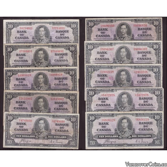 10x 1937 Canada $10 banknotes 10-notes all FINE condition or better ...