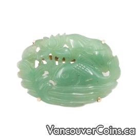 Handmade 14K Yellow Gold Jadeite Brooch, Carved Fish, Light Green ...