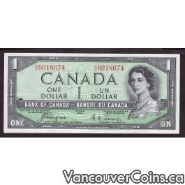 1954 Canada $1 Devils Face note BC29a Coyne Towers D/A6018674 EF/AU ...