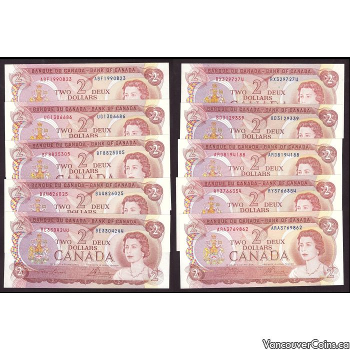 10X 1972 Canada $2 banknotes all different prefix 10-notes Choice ...
