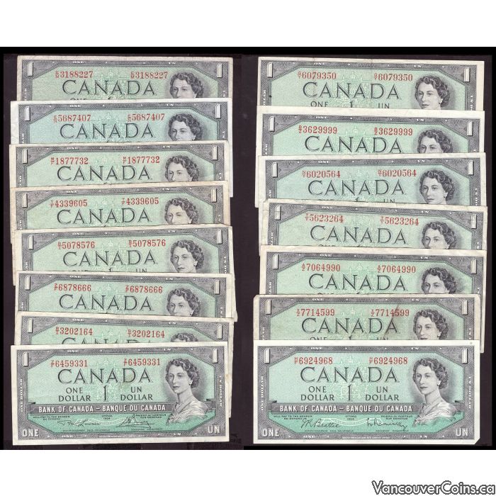 15X 1954 Canada $1 banknotes 15-notes nice selection all circulated ...
