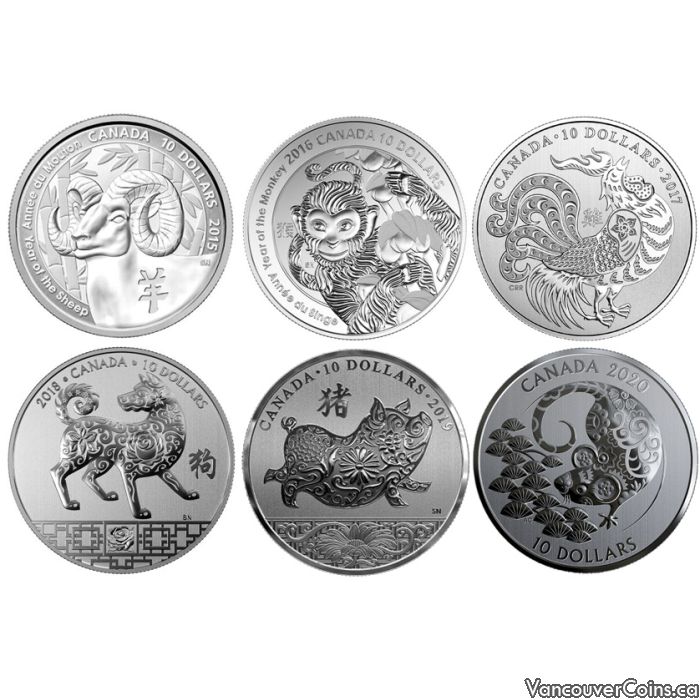 2015 to 2020 Canada $10 .9999 fine Silver Year of the Sheep Monkey ...