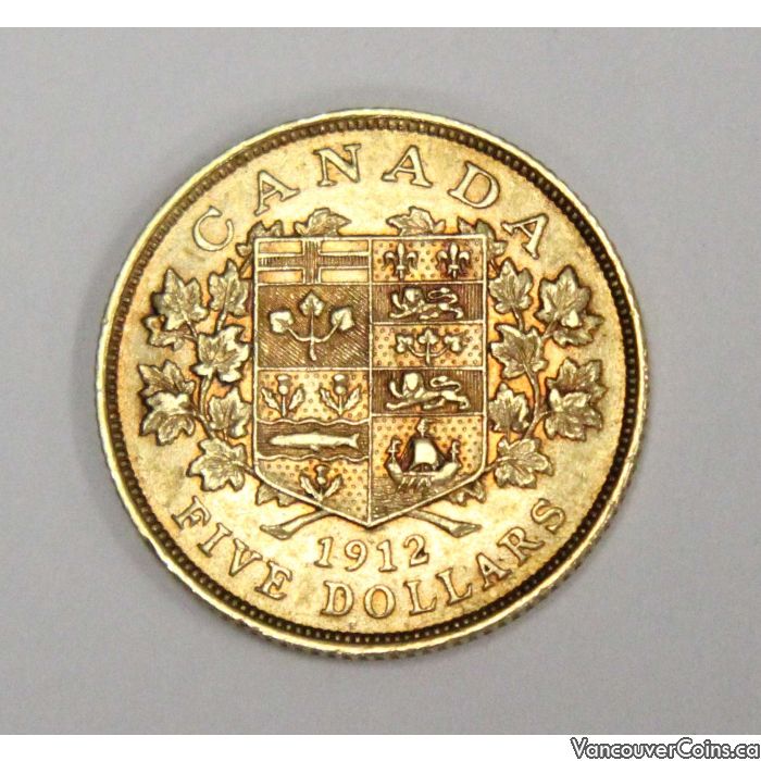 1912 Canada $5 Five Dollars Gold Coin VF35 authentic with original ...