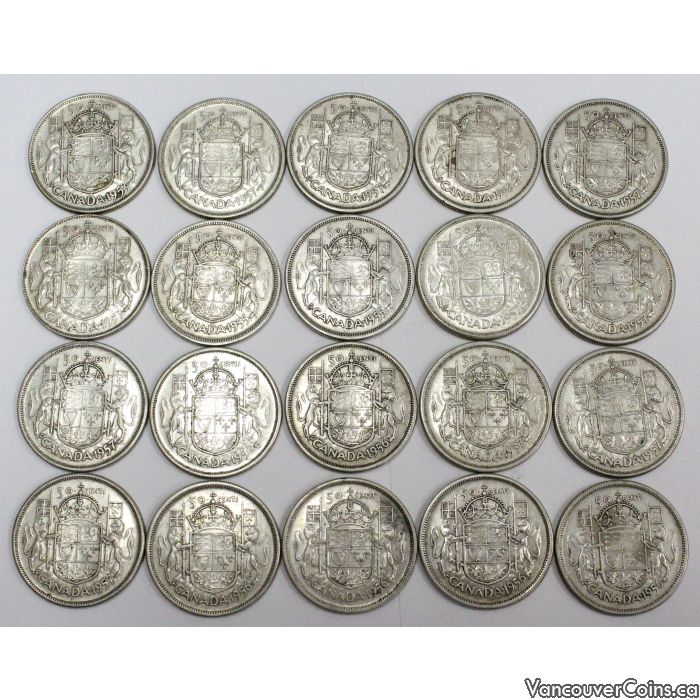 20x Canada 80% silver 50 cents pre-1968 containing 6 ozs of pure 9999 ...