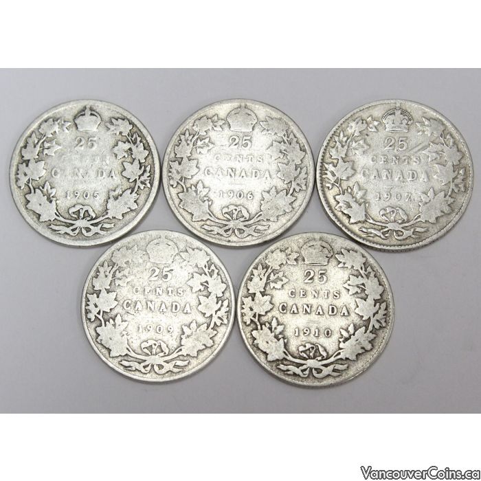 5x Canada Edward VII 25 cents 1905 1906 1907 1909 and 1910 5-coins G4 ...