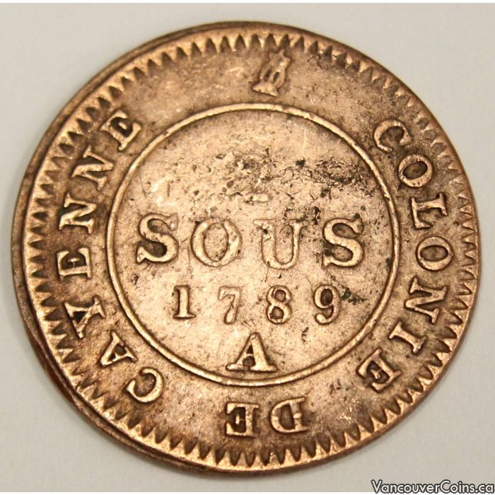 1789A French Guiana Colony of Cayenne 2 Sous copper KM#1 - Professional ...