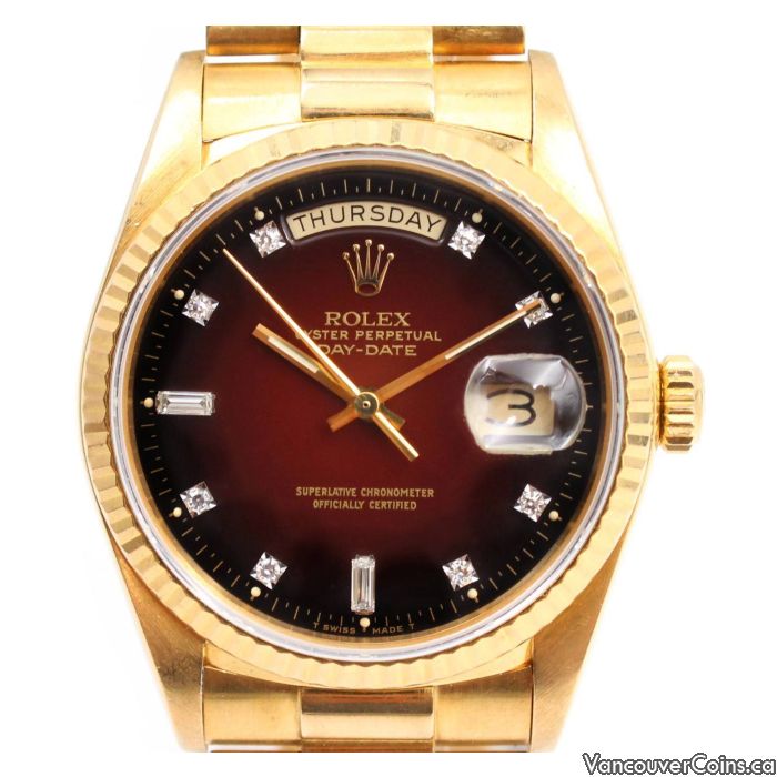 Rolex Day-Date President 18038 Red Vignette Diamond Dial 18K Gold Mens ...