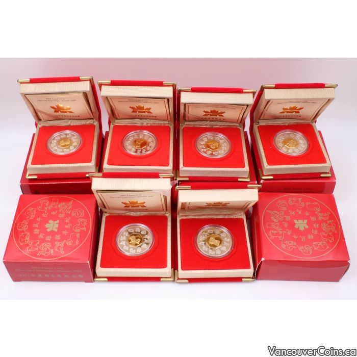 6x 1998 - 2004 Canada $15 Sterling Silver Proof Lunar Coins with boxes ...