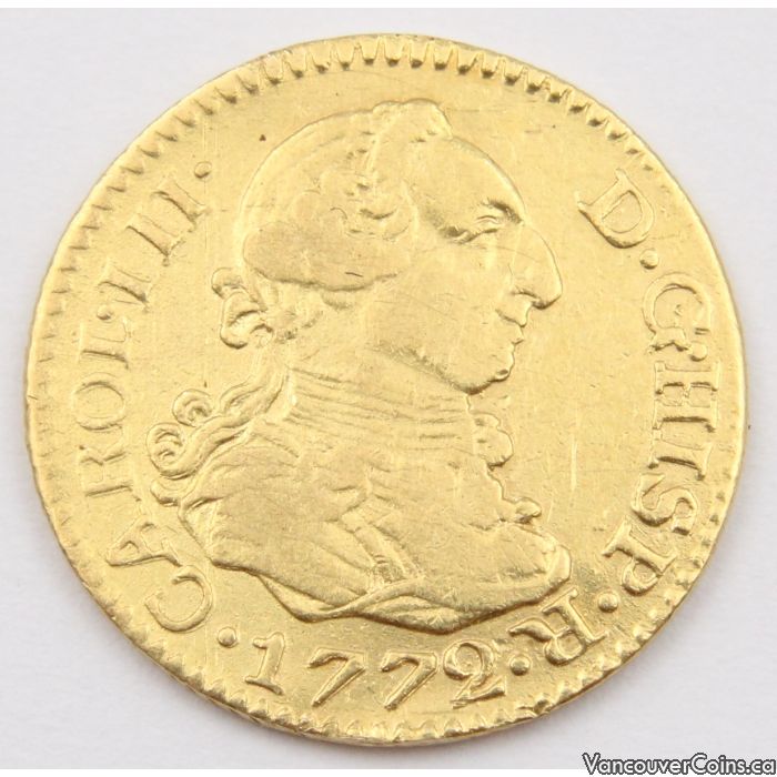 1772 PJ Spain 1/2 Escudo gold coin ex-jewelry mount removed VF+ ...