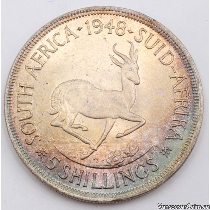 1948 South Africa 5 Shillings Springbok large silver coin toned Choice ...