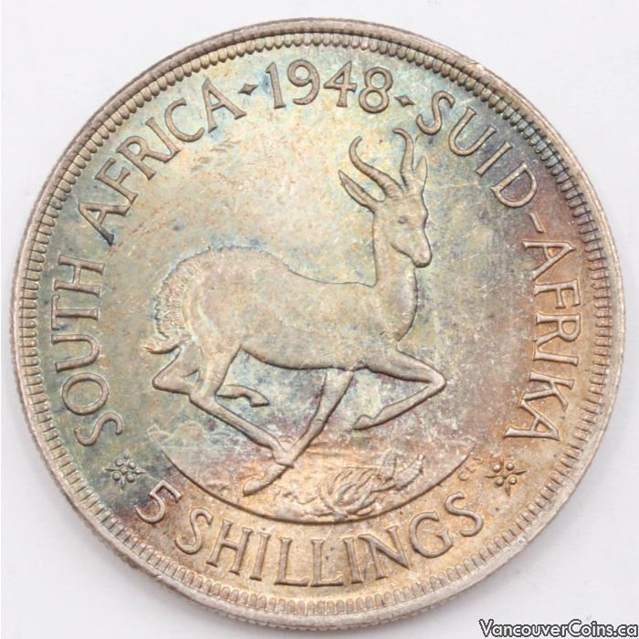 1948 South Africa 5 Shillings Springbok large silver coin toned ...