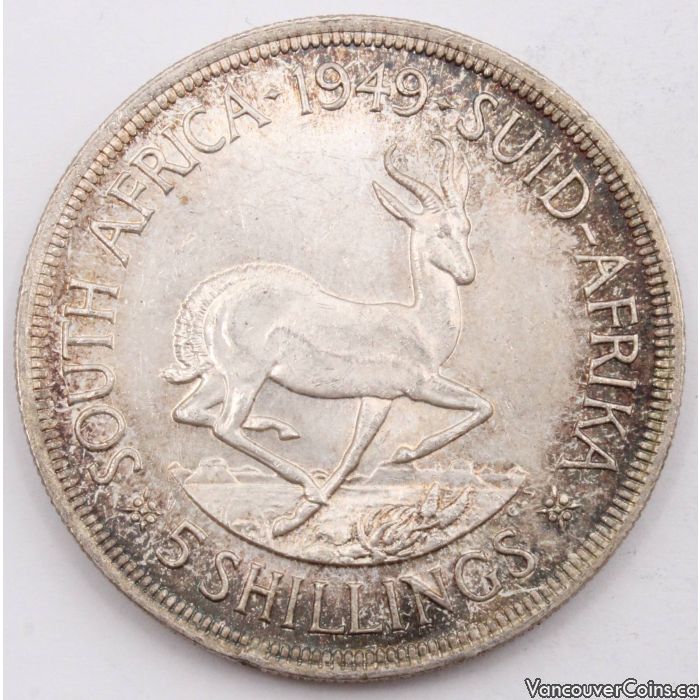 1949 South Africa 5 Shillings Springbok large silver coin toned AU ...