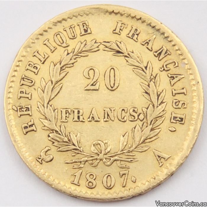 1807 A France 20 Francs gold coin Napoleon bare head nice VF/EF ...
