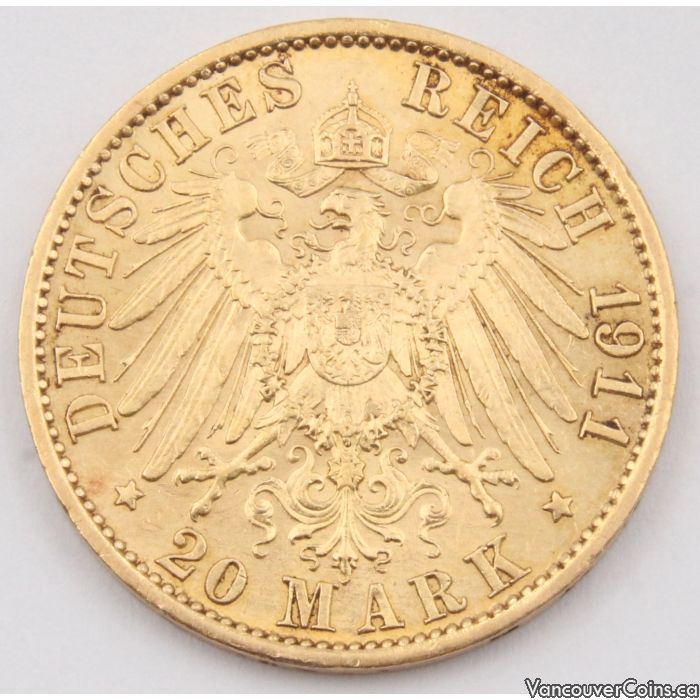 1911 A Prussia Germany 20 Mark gold coin AU+ - Professional Dealers of ...