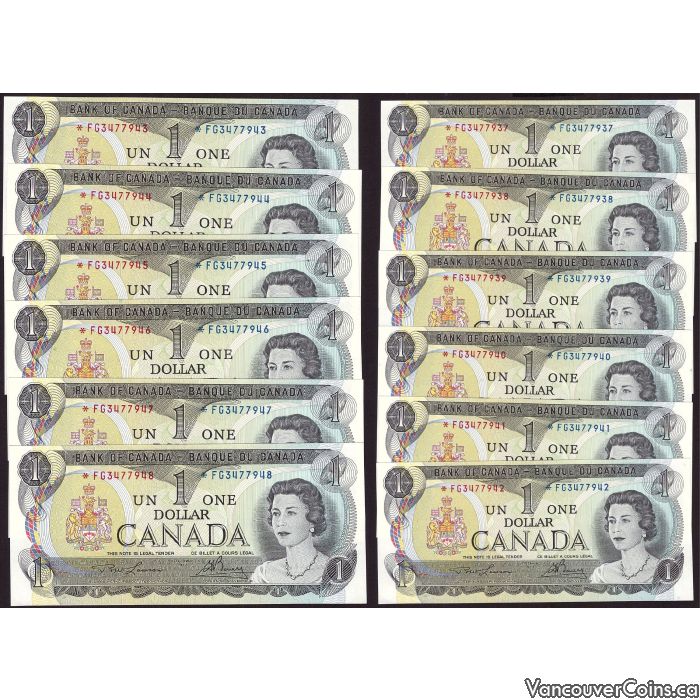 12x 1973 Canada $1 dollar replacement notes BC-46aA *FG3477937-48 UNC63 ...