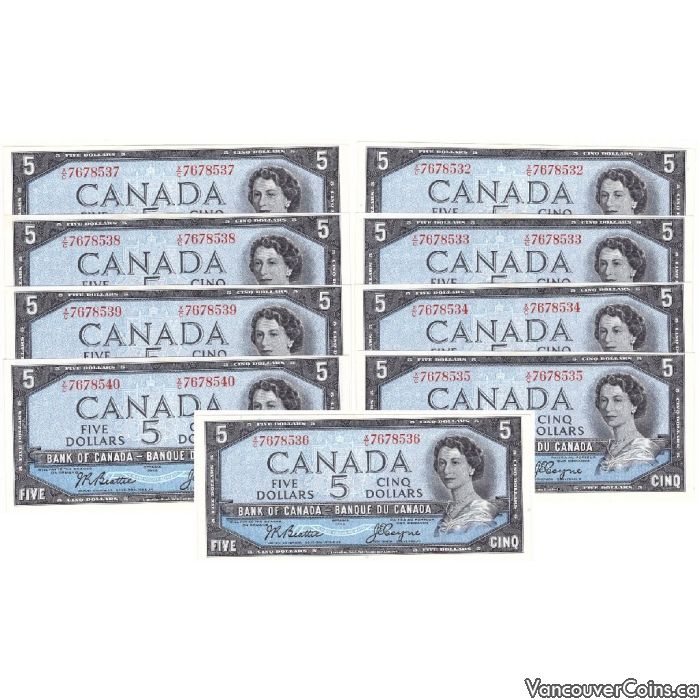 9x 1954 Consecutive Canada $5 Banknotes A/C 7678532 to 7678540 all CH ...