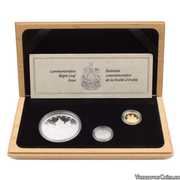 1989 Canada Maple Leaf 10th Anniversary 3 Coin Proof Set silver gold ...