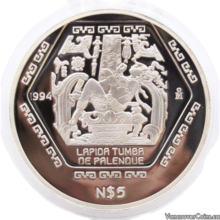 1994 Mexico $5 Peso Lapida Tumba de Palenque 1 oz Silver Coin Proof ...