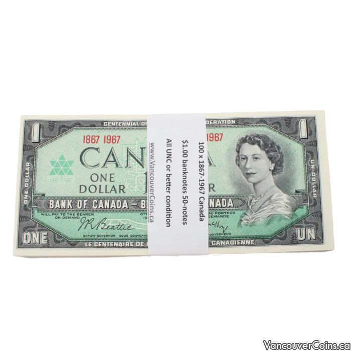 100 X 1867-1967 Canada $1 Centennial Banknotes 100-notes Uncirculated ...