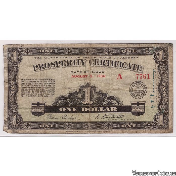 1936 Alberta Prosperity Certificate in Fine small pinholes reverse ...