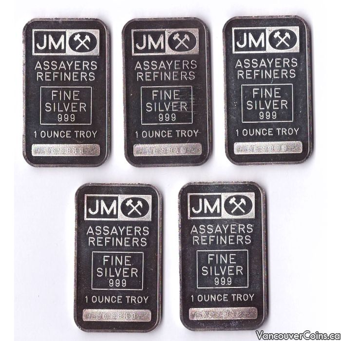 5x 1 oz JM Silver Bars Johnson Matthey 999 Fine Silver Reverse Blank ...