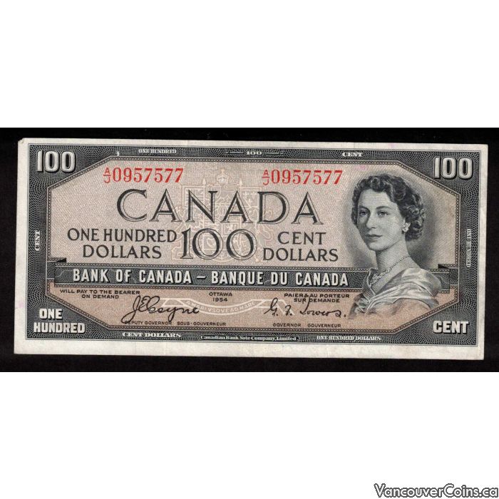 1954 Canada $100 devils face note Coyne Towers A/J0957577 VF rev.ink ...