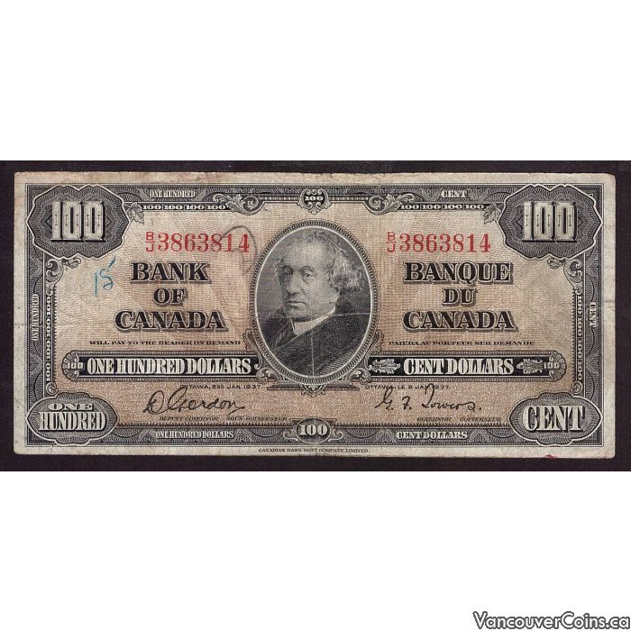 1937 Canada $100 banknote Gordon Towers B/J3863814 FINE ink marks ...