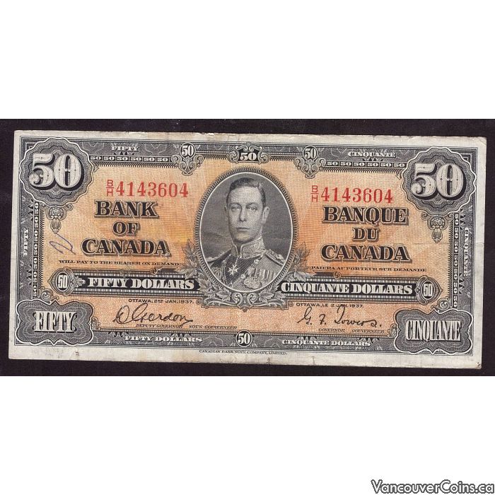 1937 Canada $50 banknote Gordon Towers B/H4143604 VF ink near center ...