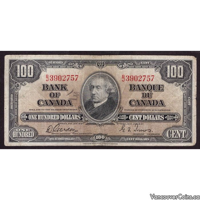 1937 Canada $100 banknote Gordon Towers B/J3902757 F+ - Professional ...