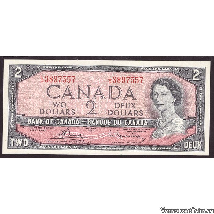 1954 Canada $2 banknote Bouey Rasminsky L/G3897557 BC-38c Choice UNC ...