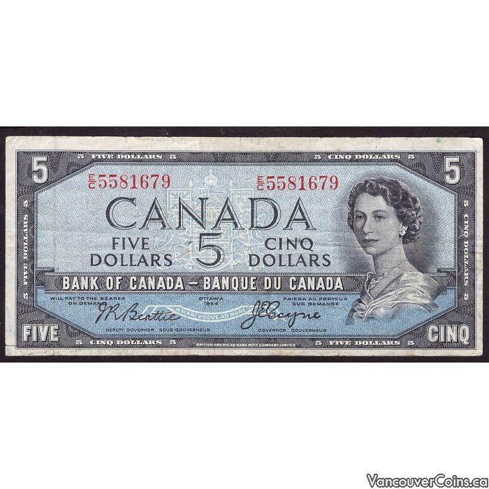 1954 Canada $5 devils face banknote Beattie Coyne E/C5581679 F/VF ...
