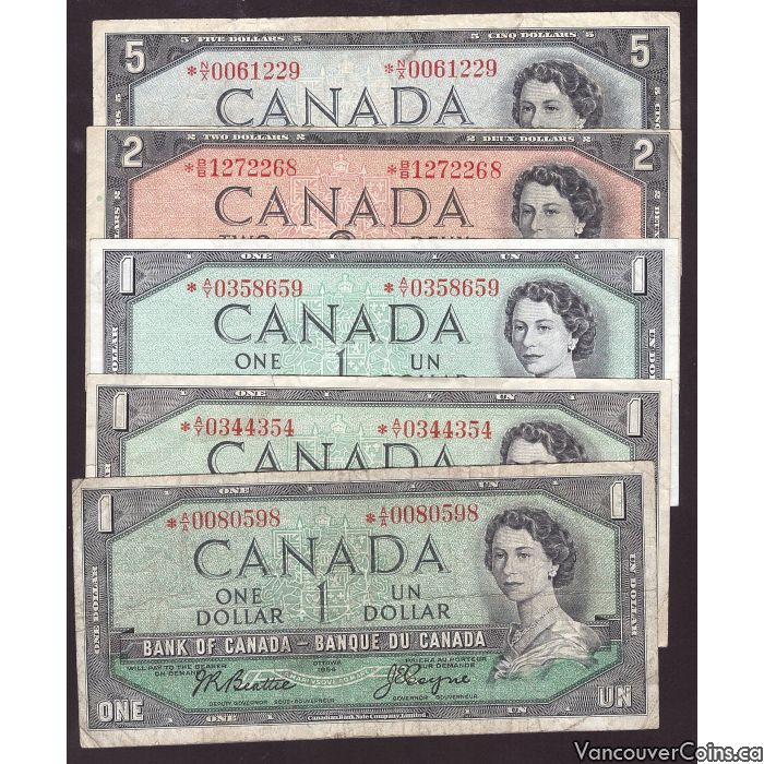 5x 1954 Canada replacement banknotes 3x$1 *A/A *A/Y $2 *B/B $5 *N/X VG ...