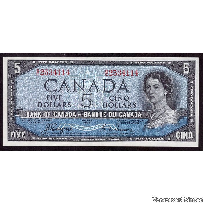 1954 Canada $5 devils face banknote Coyne Towers BC 2534114 EF/AU ...