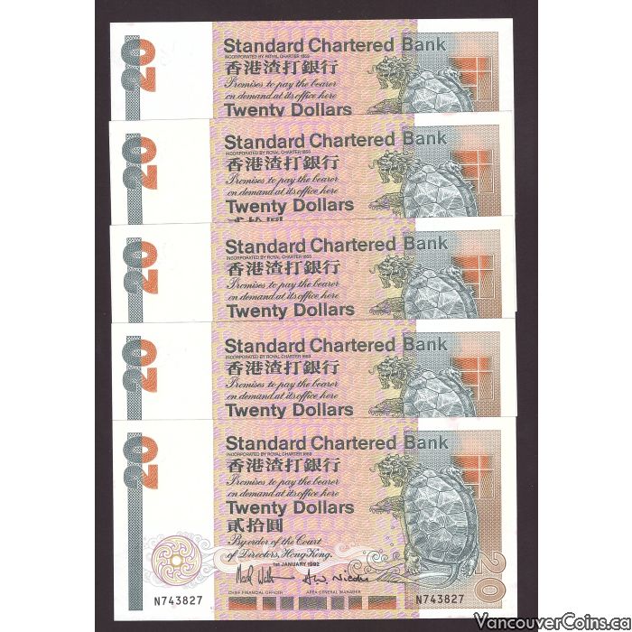 5x 1992 Hong Kong Standard Chartered Bank $20 notes P279b 5-notes AU ...